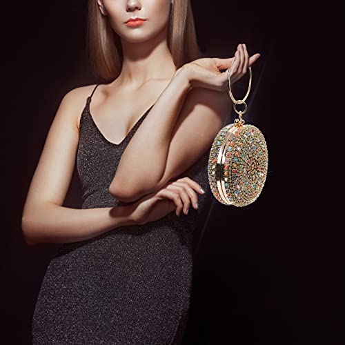 WPKLTMZ Women Evening Bag Round Rhinestone Crystal Clutch Purse Ring Handle Handbag for Wedding Prom Party (Colorful)