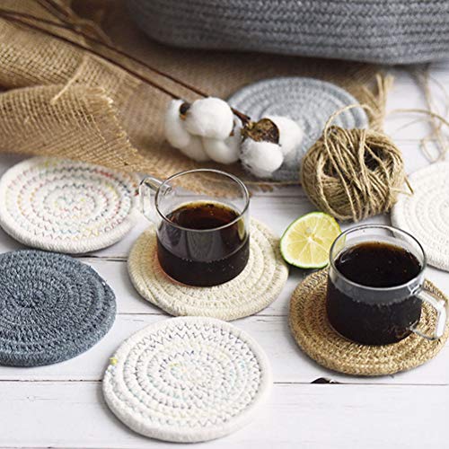 BUYGOO 8Pcs Braided Cup Coasters, Cotton Round Woven Cute Coasters Drink Absorbent Woven Coasters - Super Absorbent Heat-Resistant Thicken Non-Slip Braided Coasters for Drinks, Great Housewarming Gift