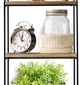 Greenco Geometric 3 Tier Mounted Floating Shelves, Home Decor, Metal Wire and Rustic Wood Wall Storage Shelves for Bedroom, Living Room, Bathroom, Kitchen, Office, Natural Finish