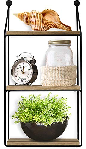 Greenco Geometric 3 Tier Mounted Floating Shelves, Home Decor, Metal Wire and Rustic Wood Wall Storage Shelves for Bedroom, Living Room, Bathroom, Kitchen, Office, Natural Finish