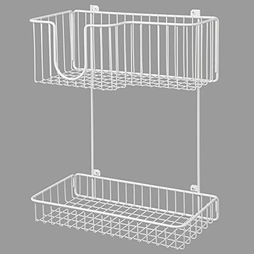 mDesign Metal Wire Wall Mount Laundry Room Storage Organizer, 2 Levels - Large Basket Holds Iron, Lower Shelf Holds Laundry Detergent, Fabric Softener, Stain Remover - White