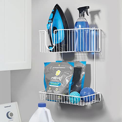 mDesign Metal Wire Wall Mount Laundry Room Storage Organizer, 2 Levels - Large Basket Holds Iron, Lower Shelf Holds Laundry Detergent, Fabric Softener, Stain Remover - White