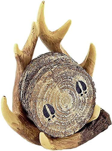 Bellaa 23295 Drink Coaster Set Old West Deer Antler Home Decor Table Beverage Coasters Holder Set 5 Pcs Outdoors Rustic Cabin Theme Lodge Mountain Man Cave Art