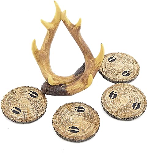 Bellaa 23295 Drink Coaster Set Old West Deer Antler Home Decor Table Beverage Coasters Holder Set 5 Pcs Outdoors Rustic Cabin Theme Lodge Mountain Man Cave Art