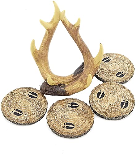 Bellaa 23295 Drink Coaster Set Old West Deer Antler Home Decor Table Beverage Coasters Holder Set 5 Pcs Outdoors Rustic Cabin Theme Lodge Mountain Man Cave Art