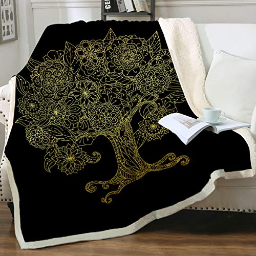 Sleepwish Sherpa Blanket Orient MTack and Gold Tree Lightweight Soft Warm Luxury Bed Blanket Fleece Reversible Velvet Plush Blanket Queen (90" X 90")