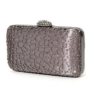 lace embellished evening bag with rhinestone closure, jewel bag pewter