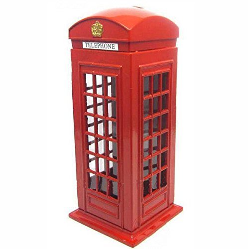 BeeSpring Attractive Metal Alloy Money Coin Spare Change London Street Red Telephone Booth Bank Box-6“H