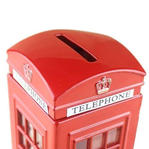 BeeSpring Attractive Metal Alloy Money Coin Spare Change London Street Red Telephone Booth Bank Box-6“H