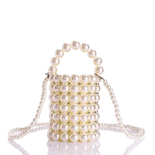 Abvokury YUSHINY Beaded Handbag for Women White Pearl Decoration Evening Bags with Detachable Chain Inner Bag Medium