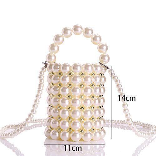 Abvokury YUSHINY Beaded Handbag for Women White Pearl Decoration Evening Bags with Detachable Chain Inner Bag Medium