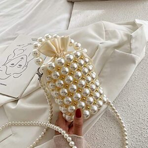 Abvokury YUSHINY Beaded Handbag for Women White Pearl Decoration Evening Bags with Detachable Chain Inner Bag Medium