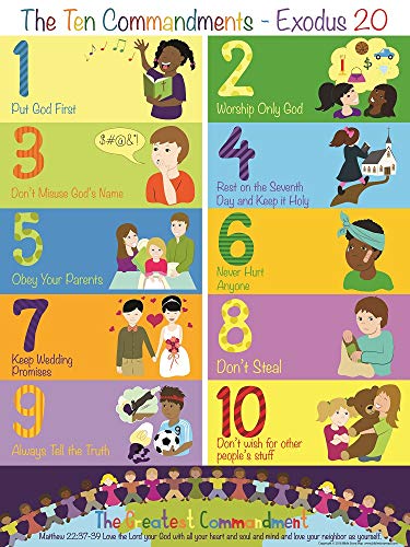 The Ten Commandments Poster For Kids (1, 17" x 22) Bible Posters for Classroom, Church, Sunday School, or Homeschool, Christian Learning Old Testament Decorations