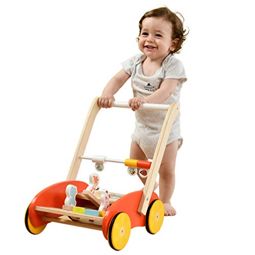 labebe-Baby Push and Pull Toy, Infant Multi-Activity Learning Walker, Sit to Stand Wooden Walker for Children 1 Year Old and Up, Toddler Red Push Walking Cart with Wheels for Boys & Girls