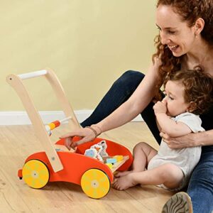 labebe-Baby Push and Pull Toy, Infant Multi-Activity Learning Walker, Sit to Stand Wooden Walker for Children 1 Year Old and Up, Toddler Red Push Walking Cart with Wheels for Boys & Girls