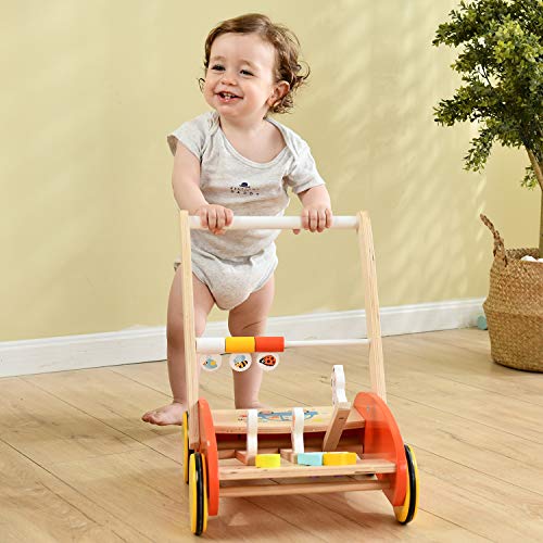 labebe-Baby Push and Pull Toy, Infant Multi-Activity Learning Walker, Sit to Stand Wooden Walker for Children 1 Year Old and Up, Toddler Red Push Walking Cart with Wheels for Boys & Girls