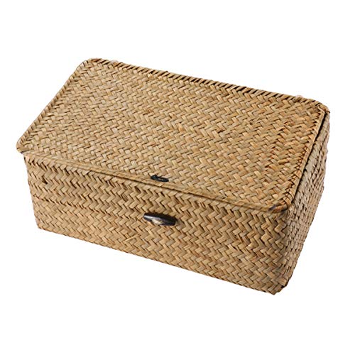 Vosarea Rattan Storage Basket,Straw Seaweed Basket, Hand-Woven Storage Basket Multipurpose Container with Lid for Desktop Home Decoration (10inch)