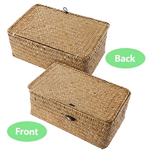 Vosarea Rattan Storage Basket,Straw Seaweed Basket, Hand-Woven Storage Basket Multipurpose Container with Lid for Desktop Home Decoration (10inch)