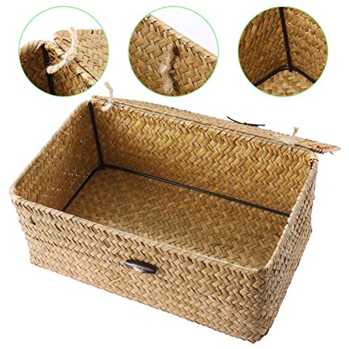 Vosarea Rattan Storage Basket,Straw Seaweed Basket, Hand-Woven Storage Basket Multipurpose Container with Lid for Desktop Home Decoration (10inch)