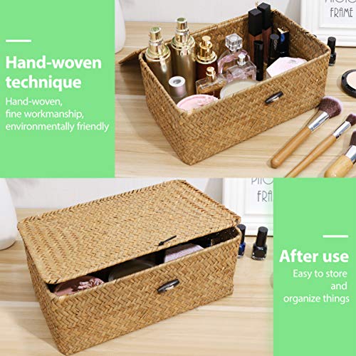 Vosarea Rattan Storage Basket,Straw Seaweed Basket, Hand-Woven Storage Basket Multipurpose Container with Lid for Desktop Home Decoration (10inch)