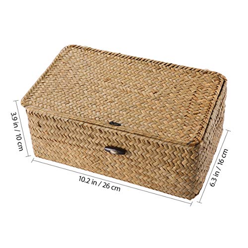 Vosarea Rattan Storage Basket,Straw Seaweed Basket, Hand-Woven Storage Basket Multipurpose Container with Lid for Desktop Home Decoration (10inch)