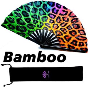 fansay fans – large hand folding fan for men/women chinese/japanese bamboo with leather cloth fabric dance festival fan handheld folding fans (rainbow cheetah)