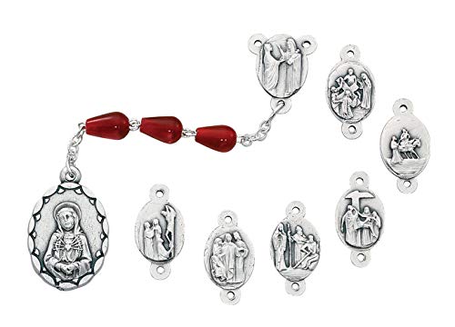 Red Tear Drop Seven Sorrows Rosary (P143R) in Clear Plastic Box