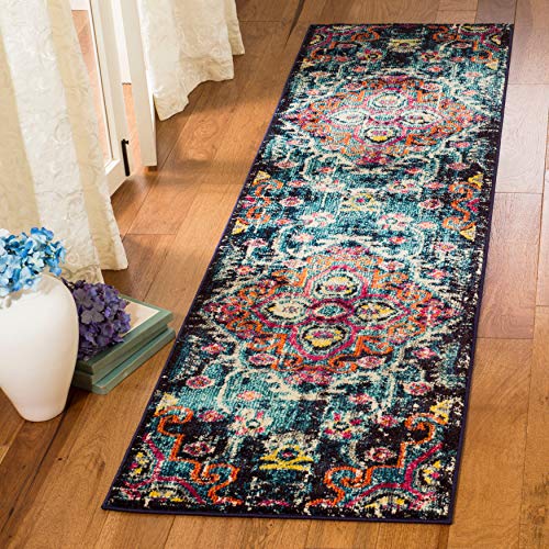 SAFAVIEH Monaco Collection 8' x 10' Blue / Fuchsia MNC252J Boho Chic Medallion Distressed Non-Shedding Living Room Bedroom Dining Home Office Area Rug