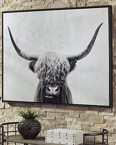 Signature Design by Ashley Pancho Modern Framed Cow Canvas Wall Art, 48 x 36, Black & White