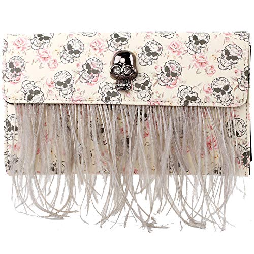 SHOW STORY Women's Girls Punk Beige Pink Rose Skull Feather Gems Design Fashion Outdoor Evening Clutch Handbag Bag,FB90024BG, Pink