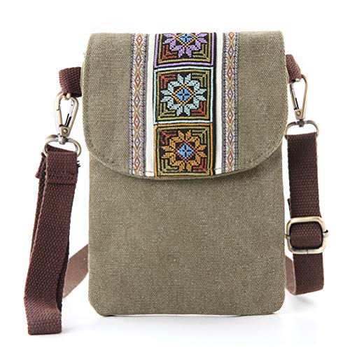 Vintage Embroidered Canvas Small Flip Crossbody Bag Cell Phone Pouch for Women Wristlet Wallet Bag Coin Purse (ArmyGreen 01)