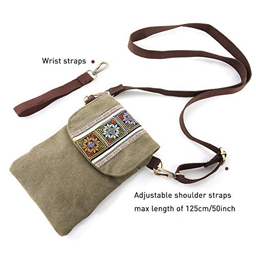 Vintage Embroidered Canvas Small Flip Crossbody Bag Cell Phone Pouch for Women Wristlet Wallet Bag Coin Purse (ArmyGreen 01)