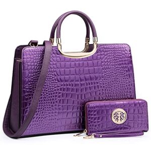 womens handbag top handle shoulder bag tote satchel purse work bag with matching wallet (2-croco purple)