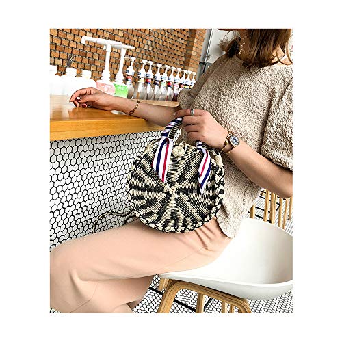 QTKJ Women Straw Summer Beach Tote Bag Hand-woven Round Rattan Bag Cross Body Bag Shoulder Messenger Satchel (Black&Beige)