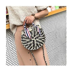 QTKJ Women Straw Summer Beach Tote Bag Hand-woven Round Rattan Bag Cross Body Bag Shoulder Messenger Satchel (Black&Beige)