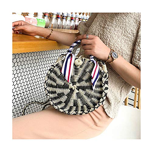 QTKJ Women Straw Summer Beach Tote Bag Hand-woven Round Rattan Bag Cross Body Bag Shoulder Messenger Satchel (Black&Beige)