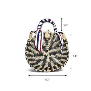 QTKJ Women Straw Summer Beach Tote Bag Hand-woven Round Rattan Bag Cross Body Bag Shoulder Messenger Satchel (Black&Beige)