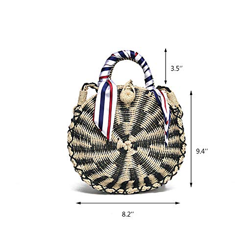 QTKJ Women Straw Summer Beach Tote Bag Hand-woven Round Rattan Bag Cross Body Bag Shoulder Messenger Satchel (Black&Beige)