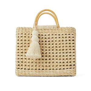 qtkj fashion women summer straw crossbody bag with cute tassels pendant, hand-woven beach shoulder bag with top wooden handle tote bag (beige)