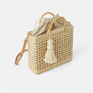 QTKJ Fashion Women Summer Straw Crossbody Bag with Cute Tassels Pendant, Hand-Woven Beach Shoulder Bag with Top Wooden Handle Tote Bag (Beige)