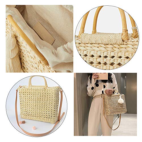 QTKJ Fashion Women Summer Straw Crossbody Bag with Cute Tassels Pendant, Hand-Woven Beach Shoulder Bag with Top Wooden Handle Tote Bag (Beige)