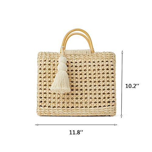 QTKJ Fashion Women Summer Straw Crossbody Bag with Cute Tassels Pendant, Hand-Woven Beach Shoulder Bag with Top Wooden Handle Tote Bag (Beige)