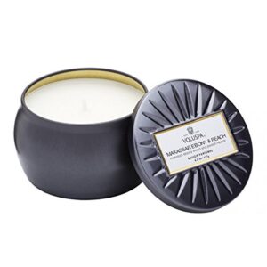 voluspa makassar ebony and peach candle | mini tin | 4 oz. | 25 hour burn time | vegan | coconut wax and natural wicks for a cleaner burn