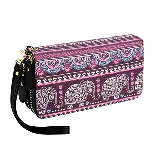 LATH.PIN RFID Blocking Bohemian Purse Wallet Canvas Elephant Pattern Handbag with Coin Pocket and Strap