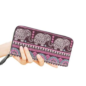 LATH.PIN RFID Blocking Bohemian Purse Wallet Canvas Elephant Pattern Handbag with Coin Pocket and Strap