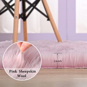 Softlife Fluffy Faux Fur Sheepskin Rugs Luxurious Wool Area Rug for Kids Room Bedroom Bedside Living Room Office Home Decor Carpet (3 x 5ft, Pink)