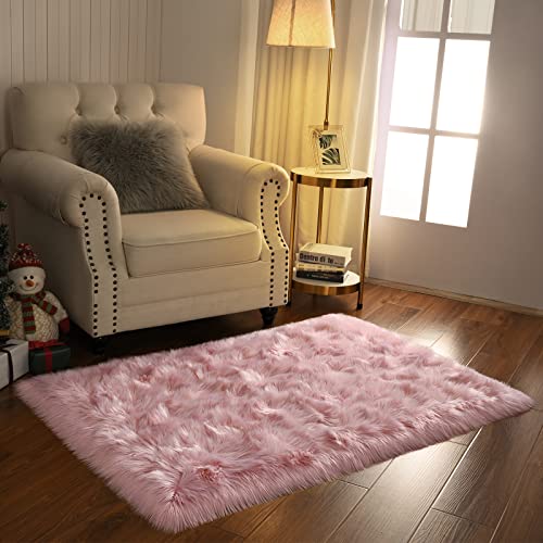 Softlife Fluffy Faux Fur Sheepskin Rugs Luxurious Wool Area Rug for Kids Room Bedroom Bedside Living Room Office Home Decor Carpet (3 x 5ft, Pink)