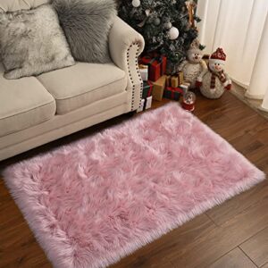 Softlife Fluffy Faux Fur Sheepskin Rugs Luxurious Wool Area Rug for Kids Room Bedroom Bedside Living Room Office Home Decor Carpet (3 x 5ft, Pink)