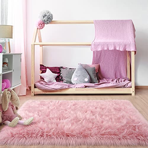 Softlife Fluffy Faux Fur Sheepskin Rugs Luxurious Wool Area Rug for Kids Room Bedroom Bedside Living Room Office Home Decor Carpet (3 x 5ft, Pink)