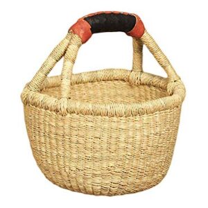 Bolga Baskets International, Small Round Woven Straw Basket with Handle Fair Trade Storage Organizer